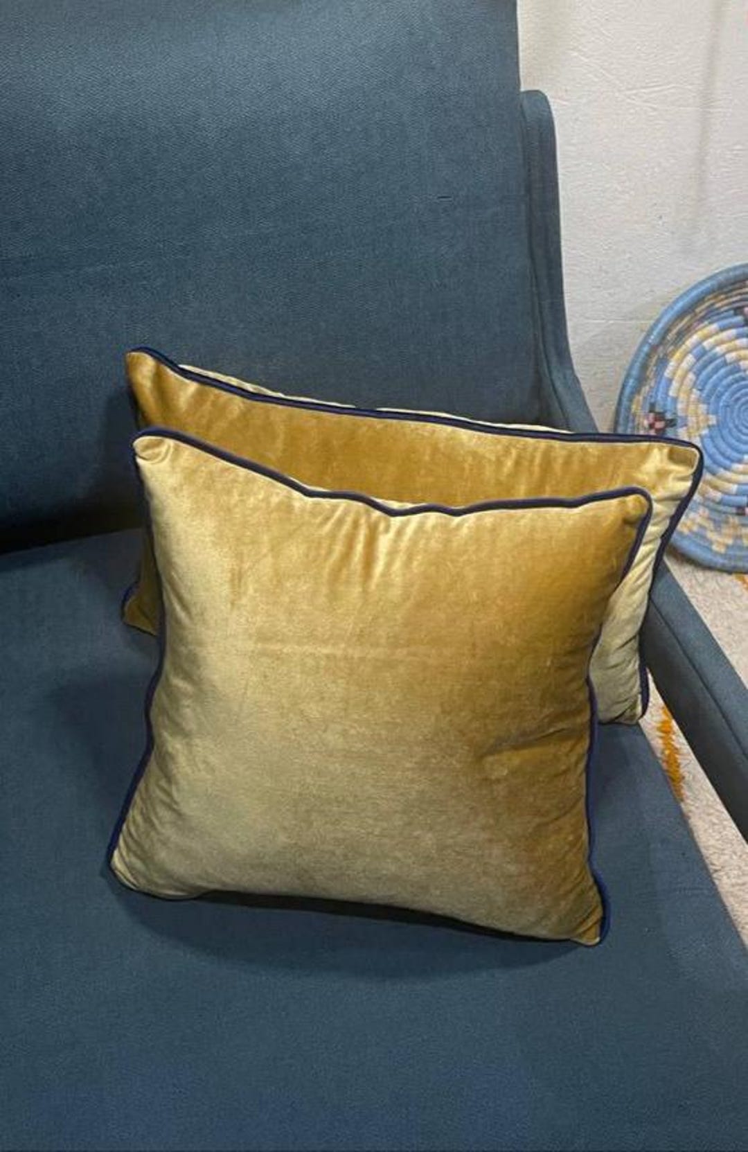 Gold Velvet Lumbar Pillows With Navy Blue Piping Elegant Decorative ...