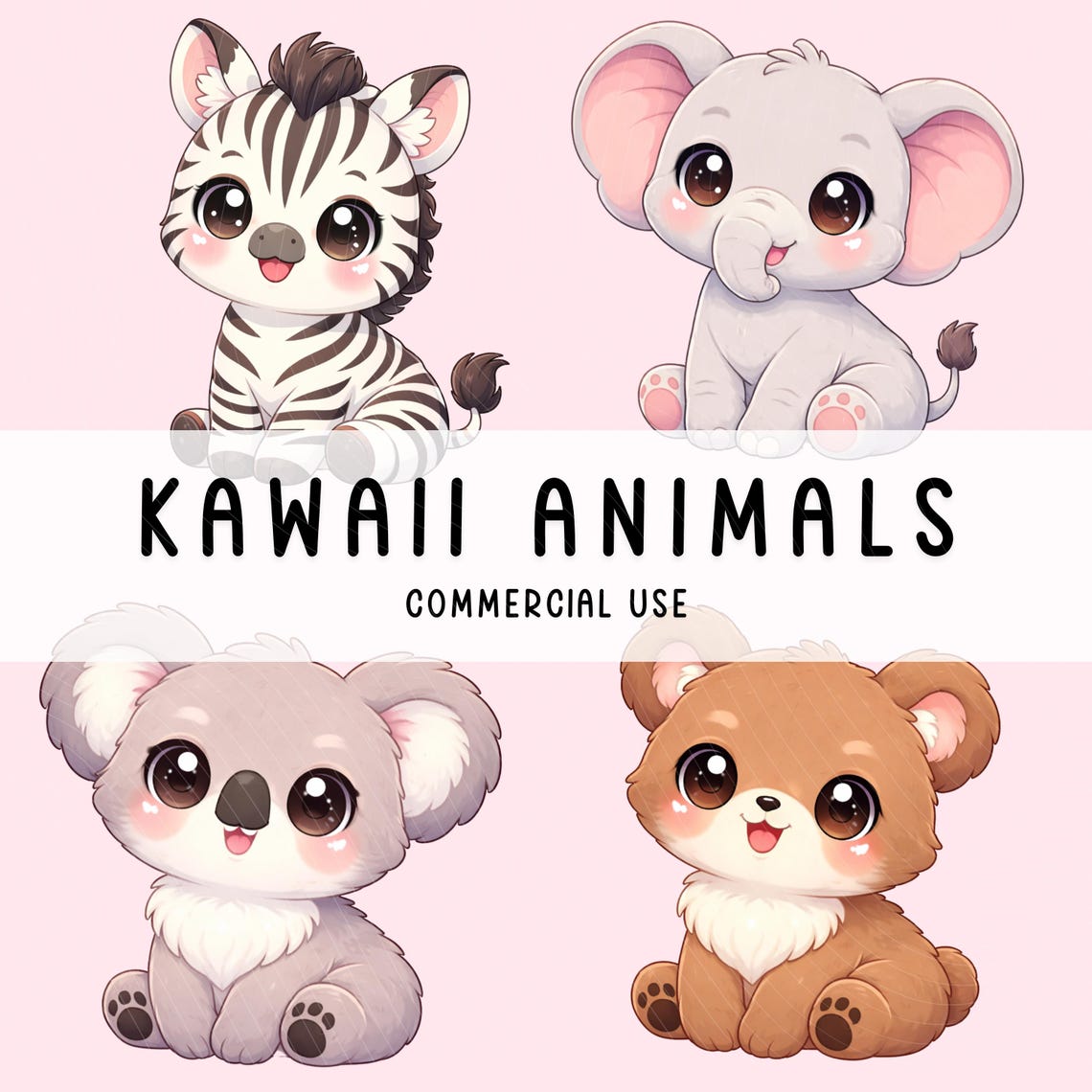 4 Kawaii Animals | Clipart | Printable PNG Digital Download ...