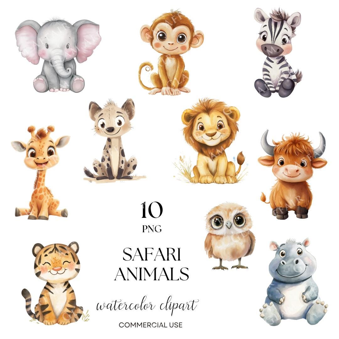 10 Safari Animals | Watercolor Clipart | Printable | High Quality | PNG ...