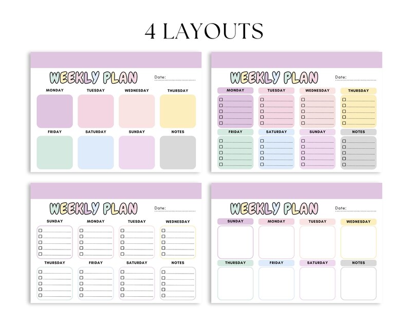 Weekly Plan | PNG PDF Download | 4 Layouts | Monday / Sunday Start ...