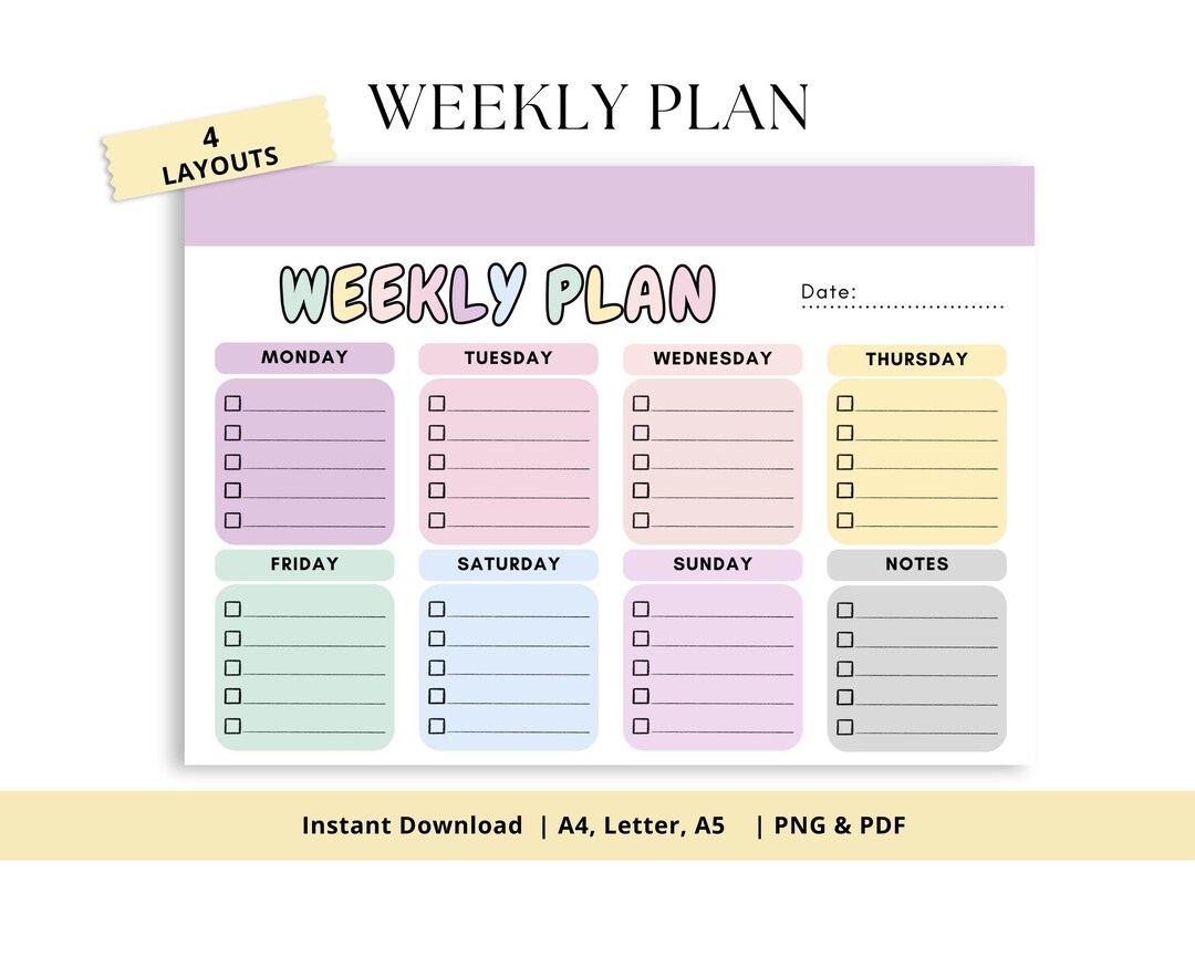 Weekly Plan | PNG PDF Download | 4 Layouts | Monday / Sunday Start ...