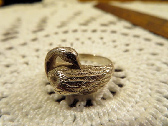 Antique Sterling Silver Swan Ring - Gem