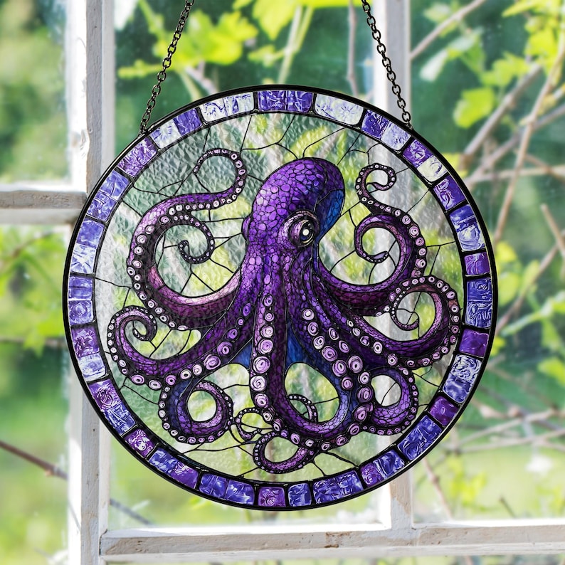 Glass Octopus Suncatcher: Purple Sea Window Hanging Decoration - Etsy