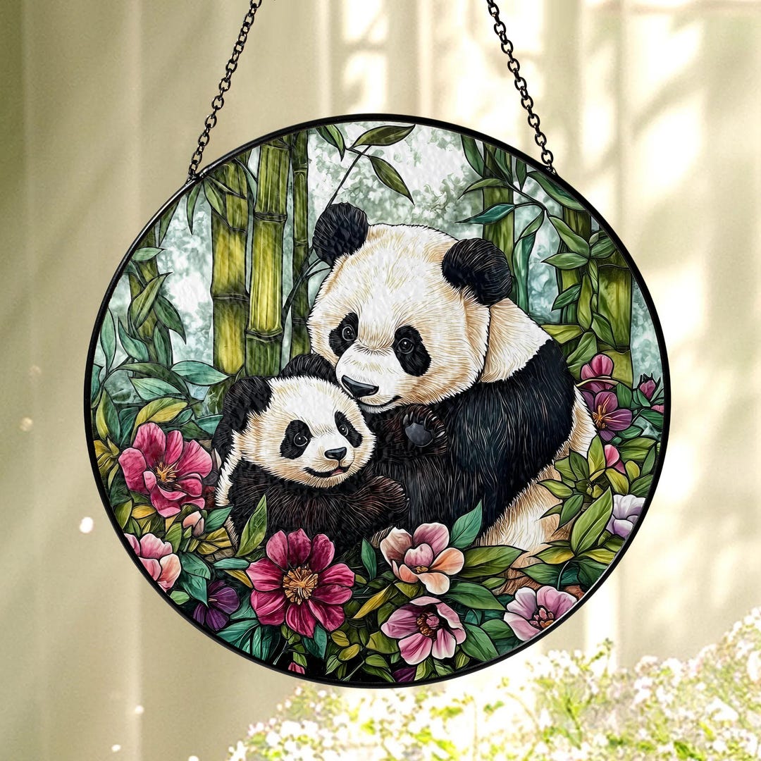 Panda Mom and Baby Stained Glass Suncatcher, Panda Window Hanging Decor ...