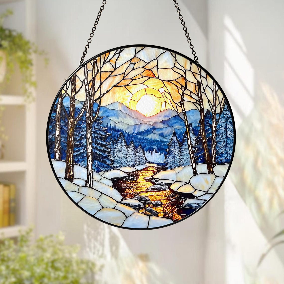 Winter Sunrise Glass Suncatcher, Winter Forest Glass Suncatcher,snowy ...