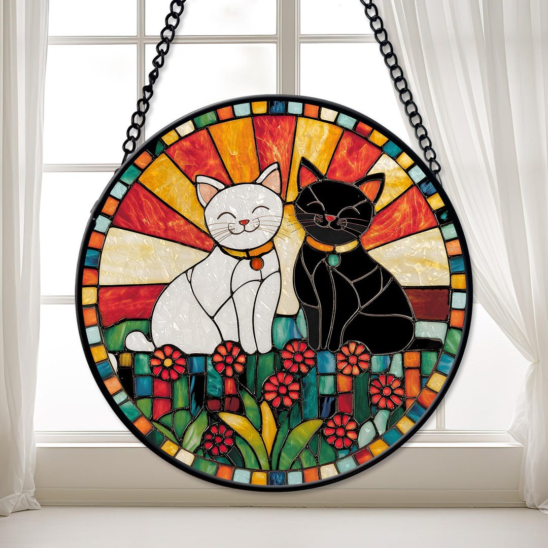 Sunshine Cats Stained Glass Suncatcher, Cat Couple Window Hanging ...