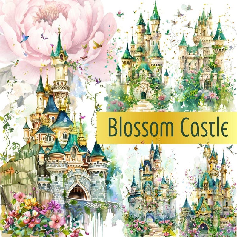 25 Watercolor Clipart Blossom Castle Clipart Digital Art Printable Kit ...