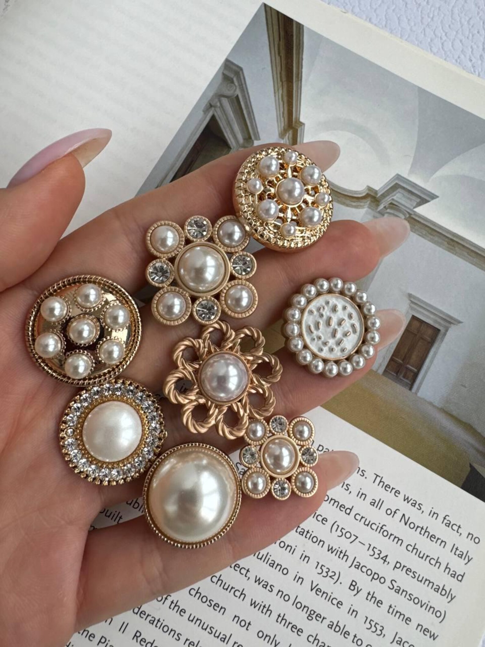 Set of Eight Pearl Vintage Style Gold Buttons/ Gold Metal Shank Buttons ...