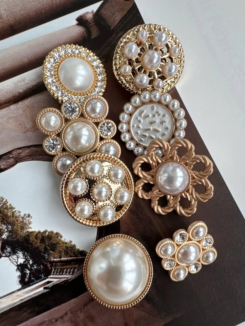 Set of Eight Pearl Vintage Style Gold Buttons/ Gold Metal Shank Buttons ...