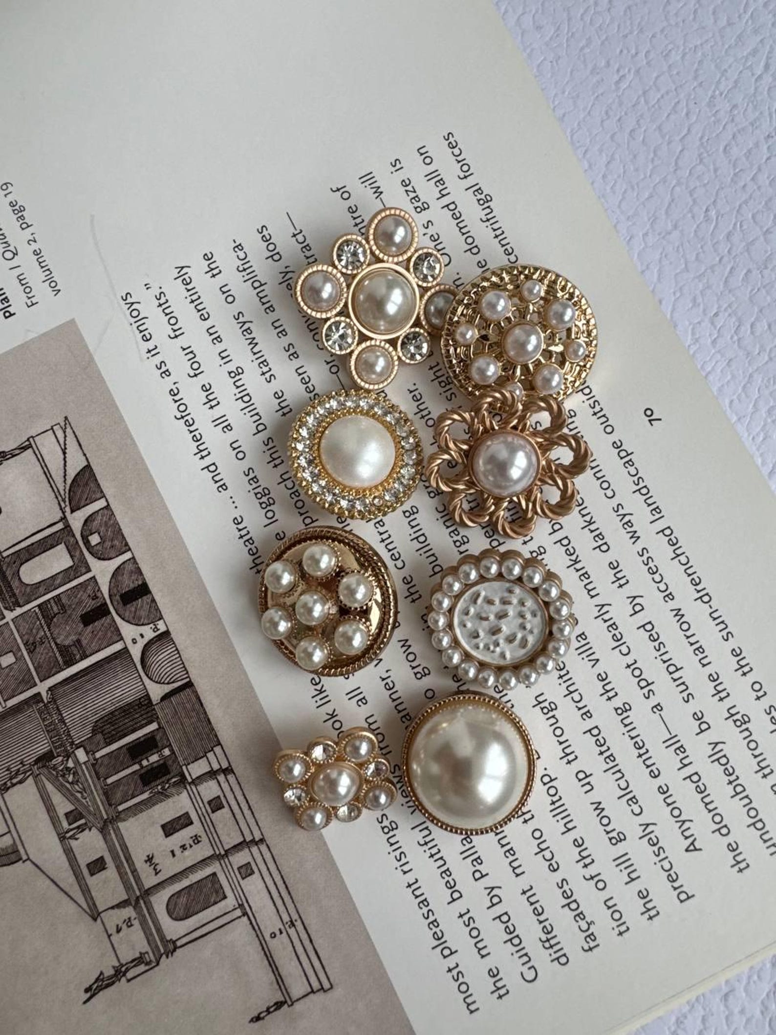 Set of Eight Pearl Vintage Style Gold Buttons/ Gold Metal Shank Buttons ...