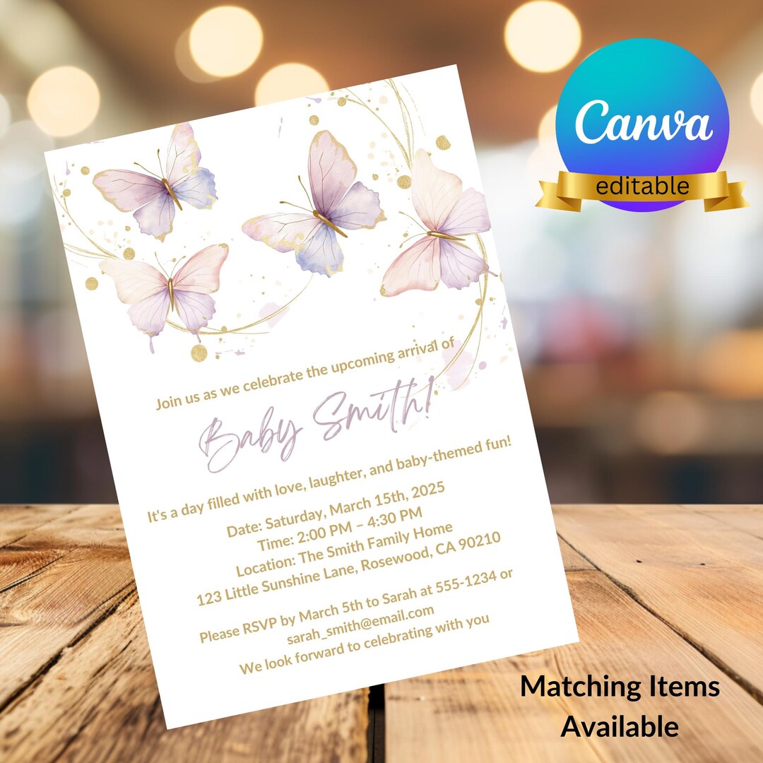 Editable Butterfly Baby Shower Invitation - Pink Floral - Digital ...
