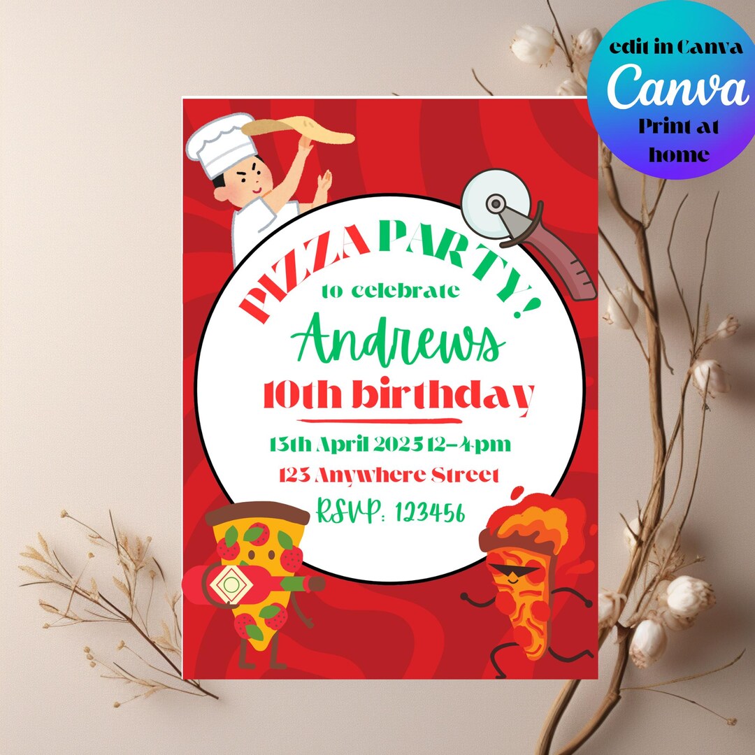 Pizza Party Invitation Template Editable Digital Invite Kids Birthday ...