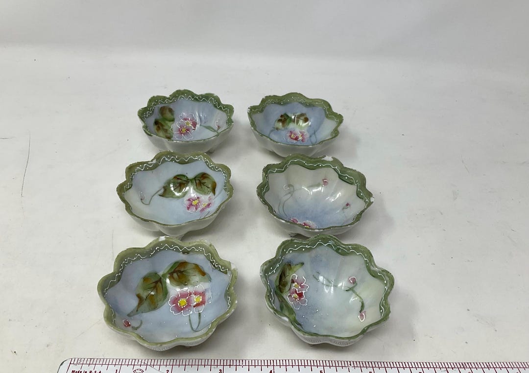Antique Japanese Moriage Footed Salt Dips. Set of 6 Delicate Hand ...
