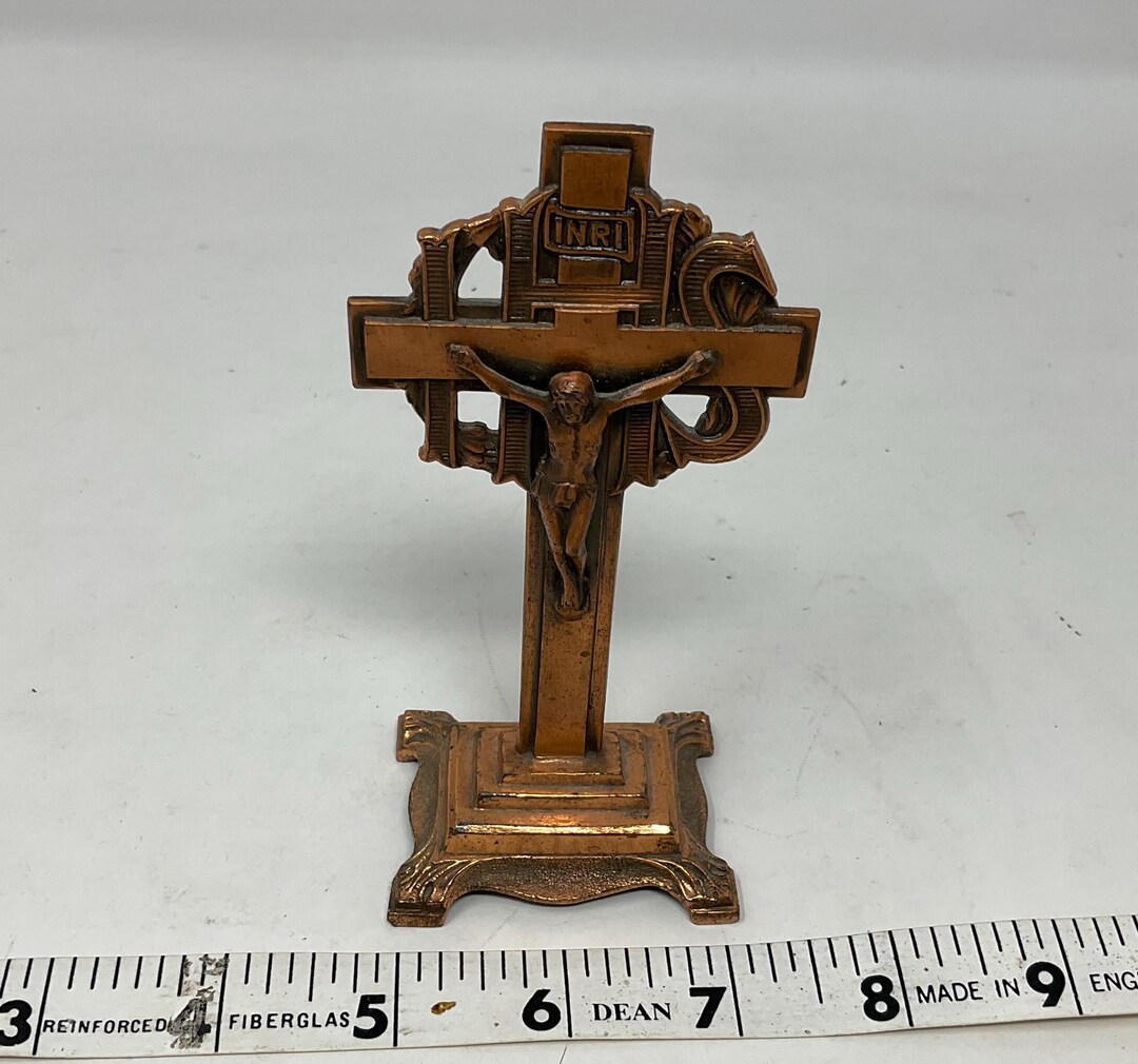 Vintage Cast Metal Copper Plated Christogram IHS Crucifix. Standing Art ...