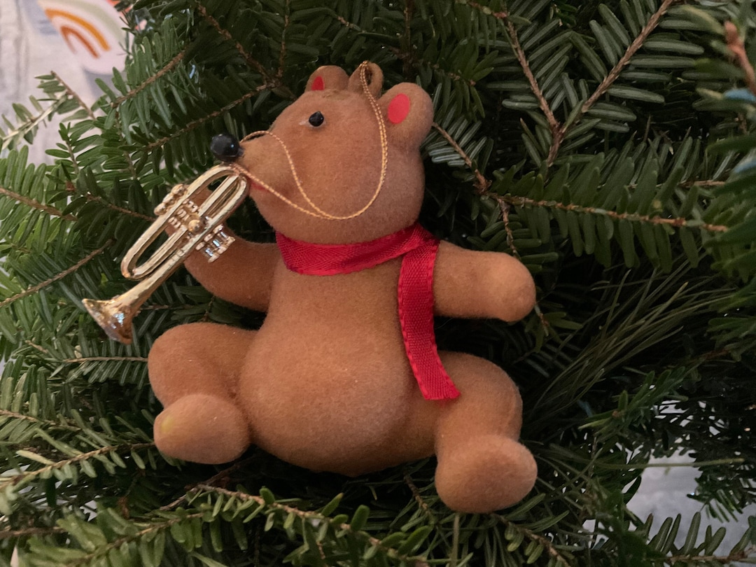 Vintage Flocked Teddy Bear Ornament Playing the Trumpet. Awesome 80's ...