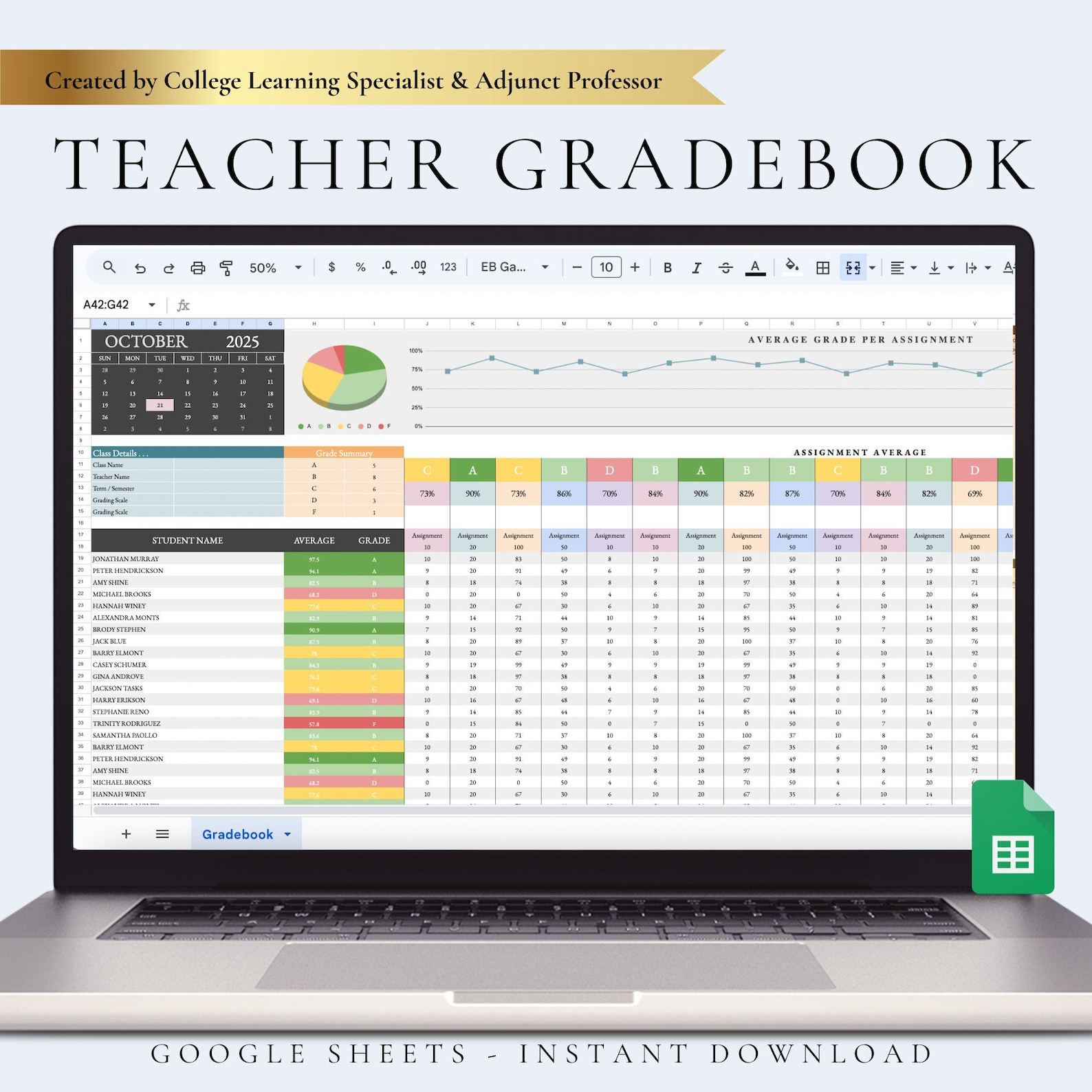 Digital Teacher Gradebook Spreadsheet Assignment Tracker for Teacher ...