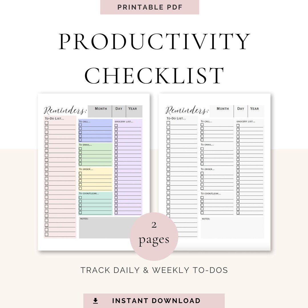 Productivity Checklist Planner, Daily Task Organizer (PDF) - Etsy