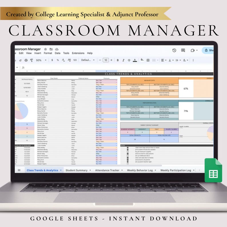 Classroom Management Spreadsheet Teacher Attendance Tracker & Classroom ...