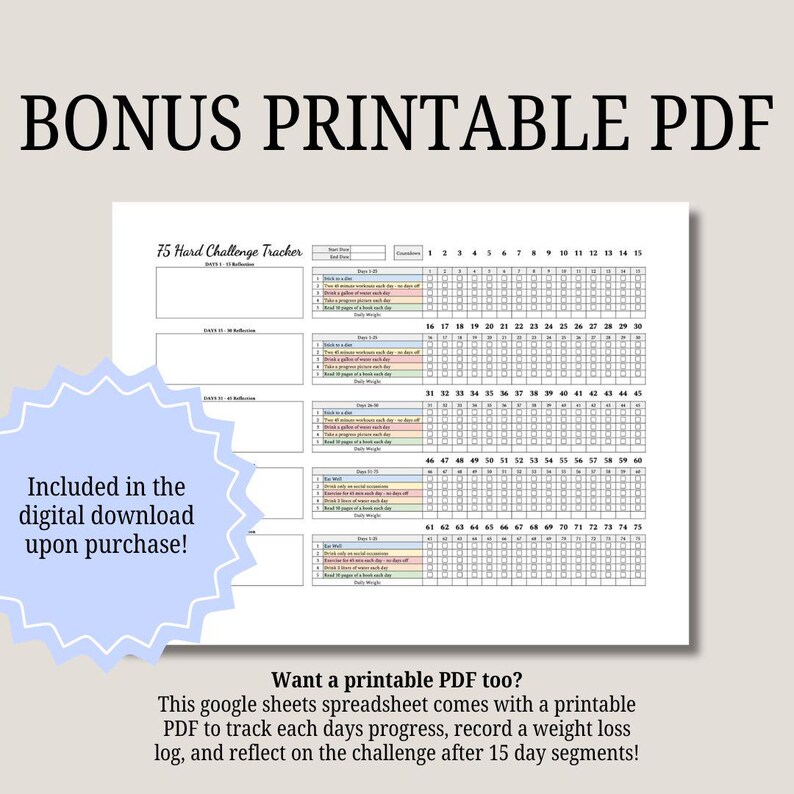 75 Hard Challenge Spreadsheet Workout Tracker Calorie Log Spreadsheet ...