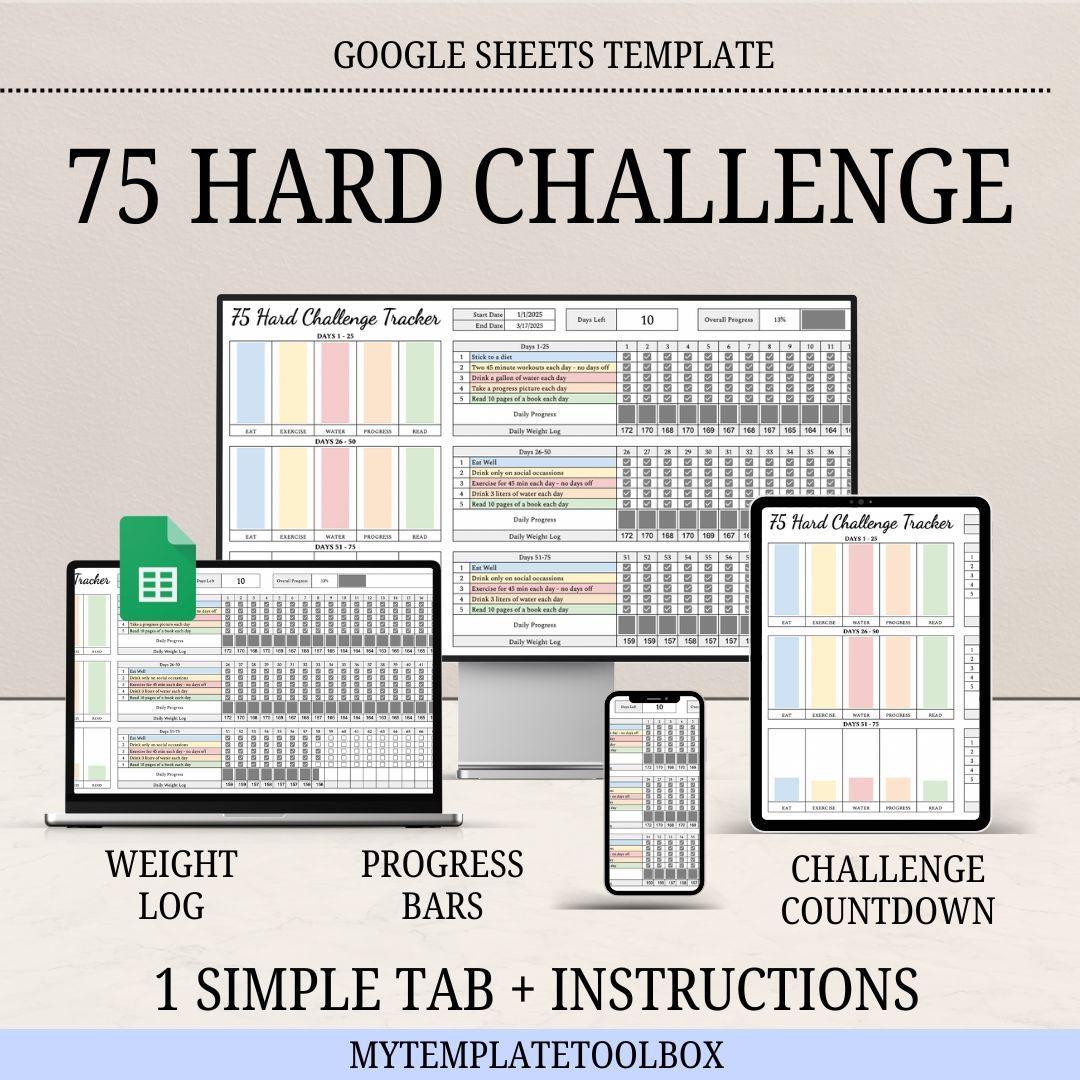 75 Hard Challenge Spreadsheet Workout Tracker Calorie Log Spreadsheet ...
