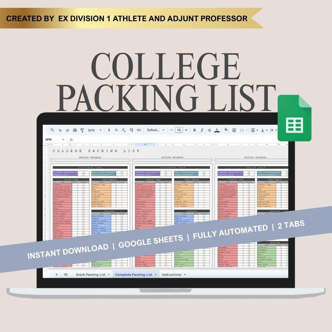Digital Packing List College Freshman Dorm Packing List Checklists ...