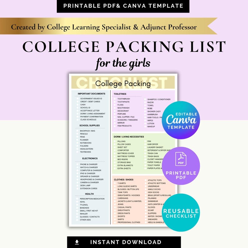 College Packing Lists for Girls Dorm Room Checklist College Student ...