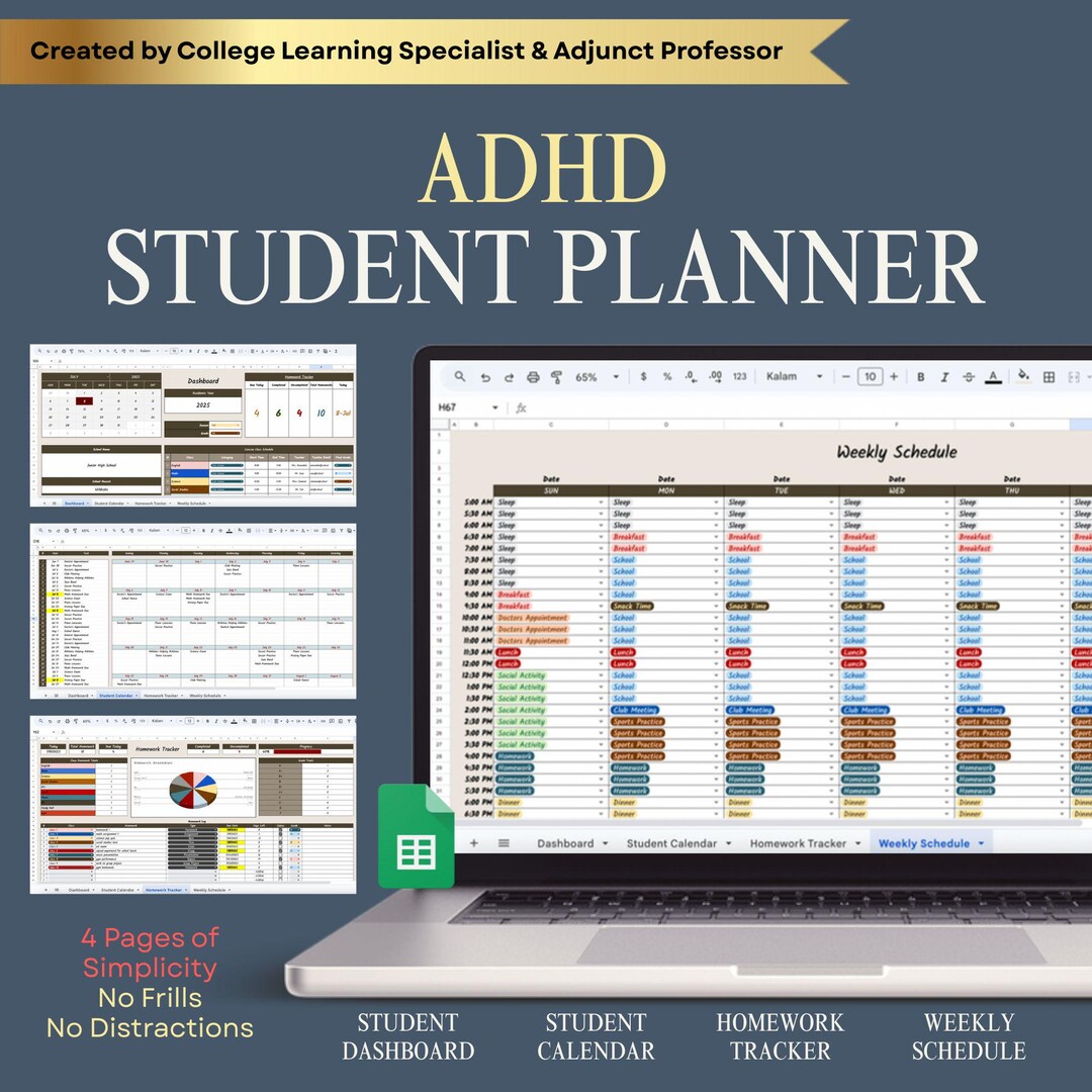 ADHD Student Planner Printable Academic Planner Calendar Google Sheet ...