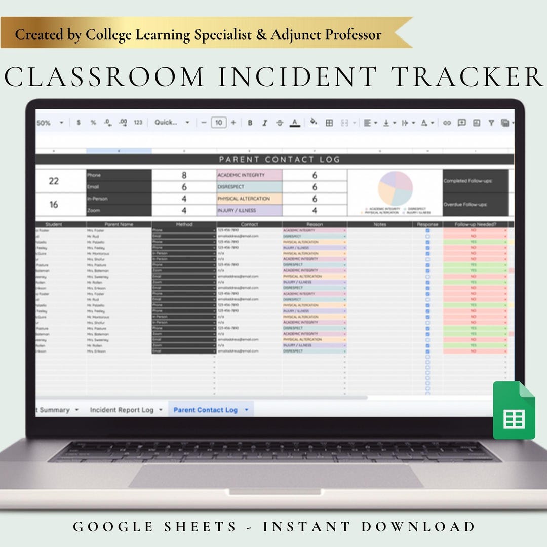 Student Incident and Parent Communication Log Google Sheets Classroom ...