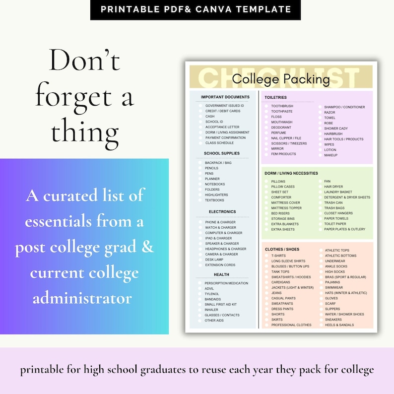 College Packing Lists for Girls Dorm Room Checklist College Student ...