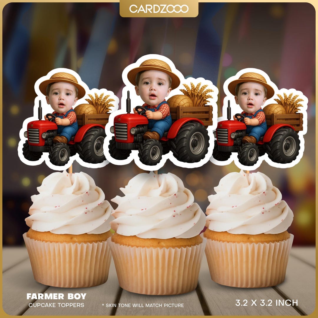 Farmer Boy Face Cupcake Toppers – Custom Tractor Baby Birthday Decor ...