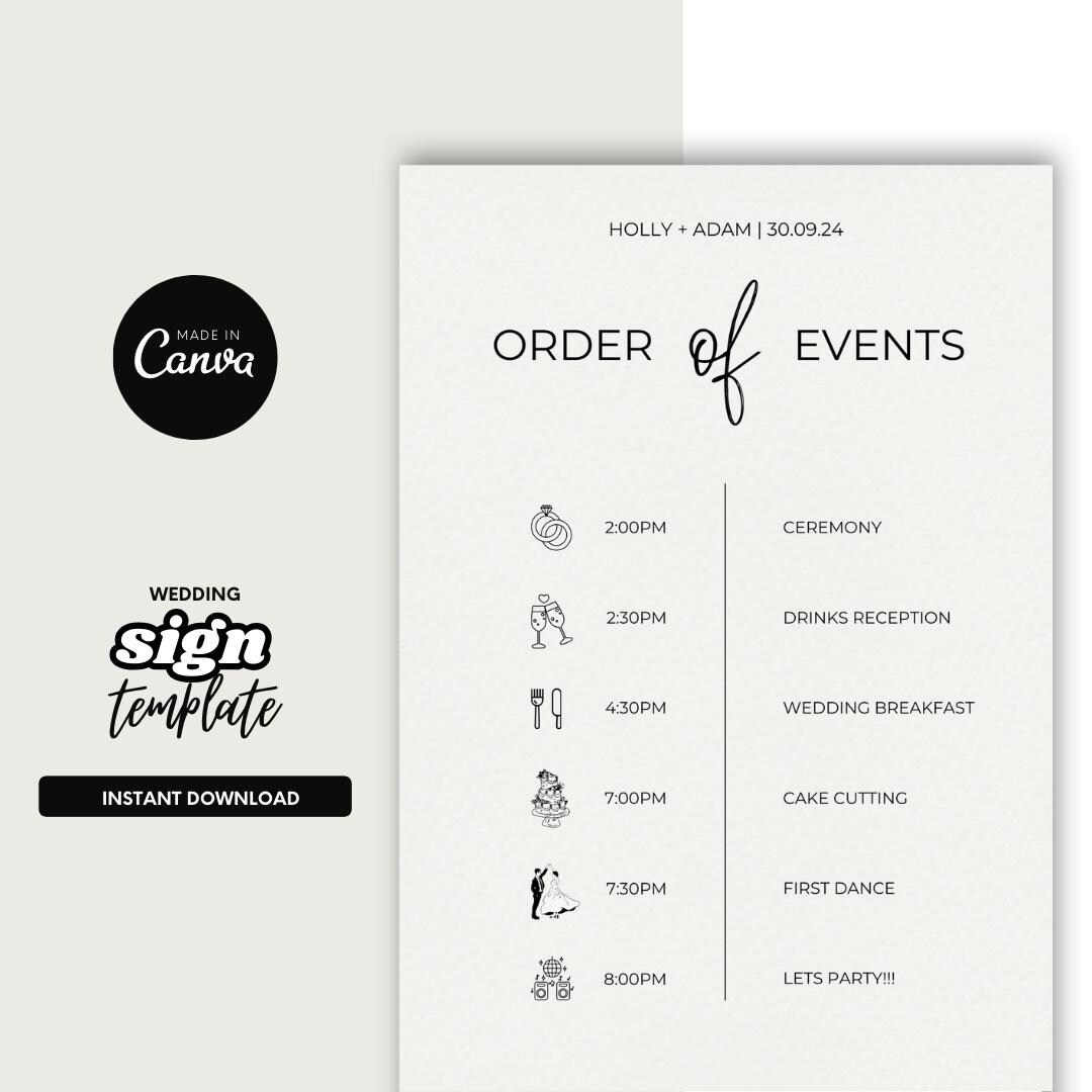 Editable Wedding Order of Events Template Canva Timeline for Wedding ...