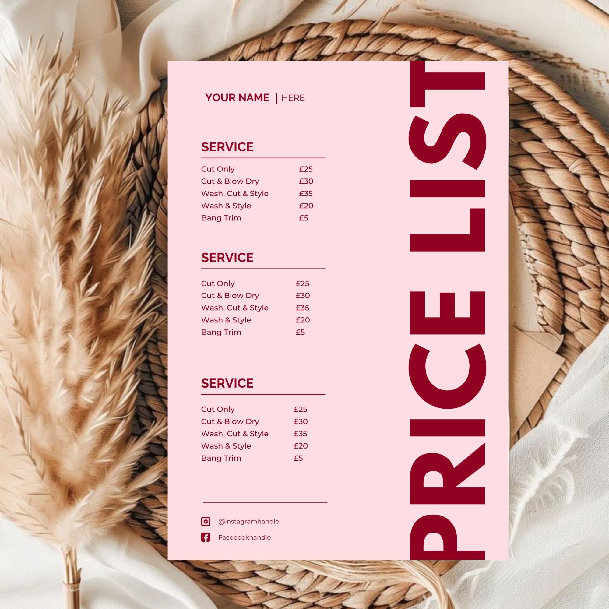 Editable Pink Price List Template | Salon Service Menu Canva Template ...