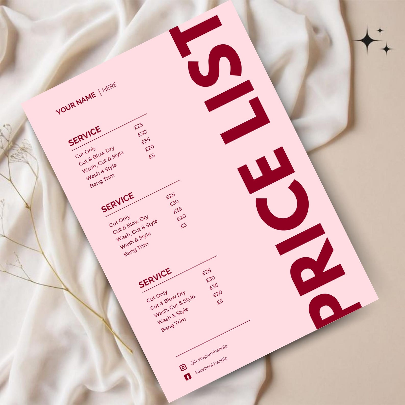 Editable Pink Price List Template | Salon Service Menu Canva Template ...