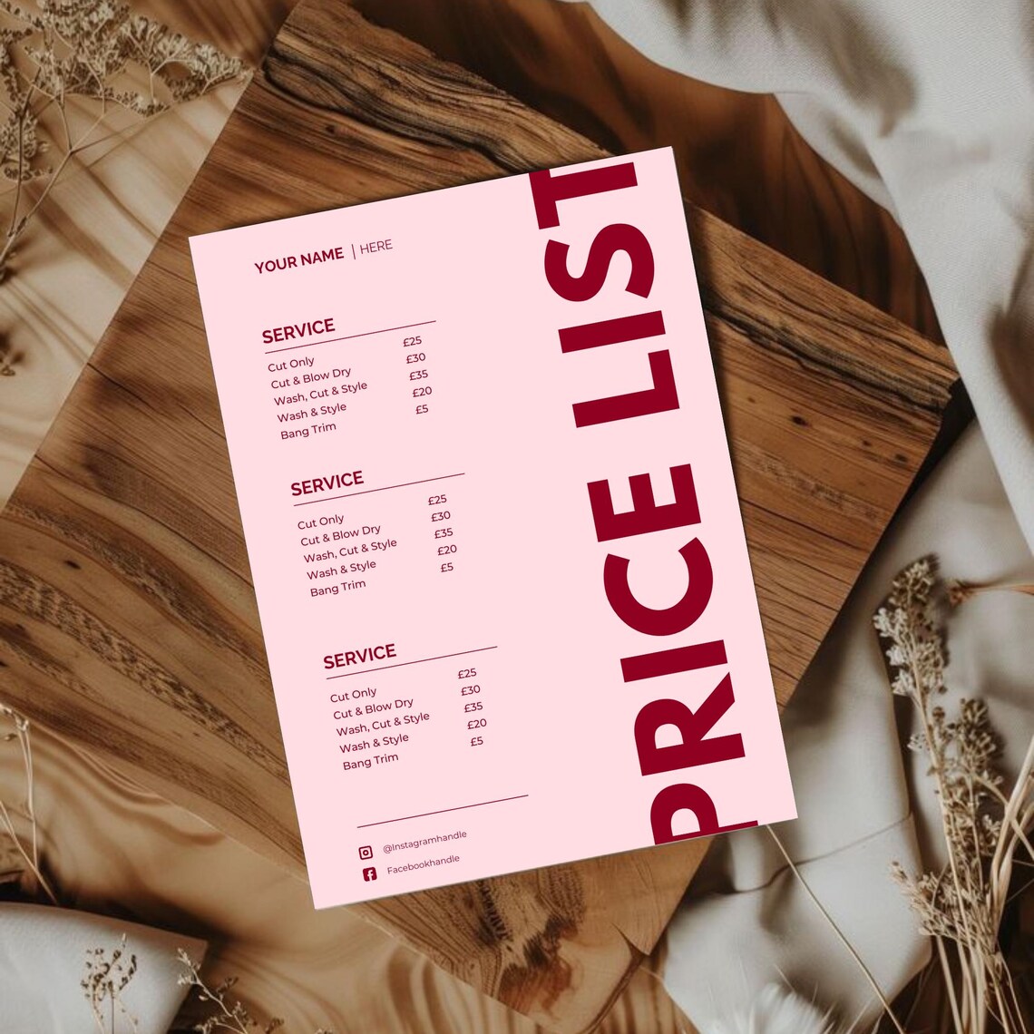 Editable Pink Price List Template | Salon Service Menu Canva Template ...