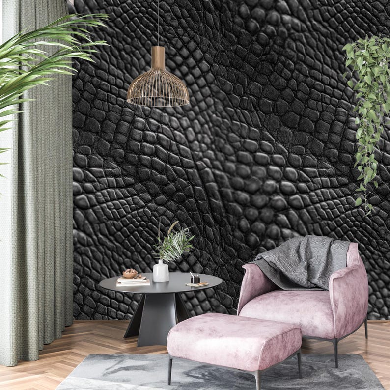 Black Snake Skin Texture Canvas Wallpaper, 3D Faux Leather Wall Mural ...