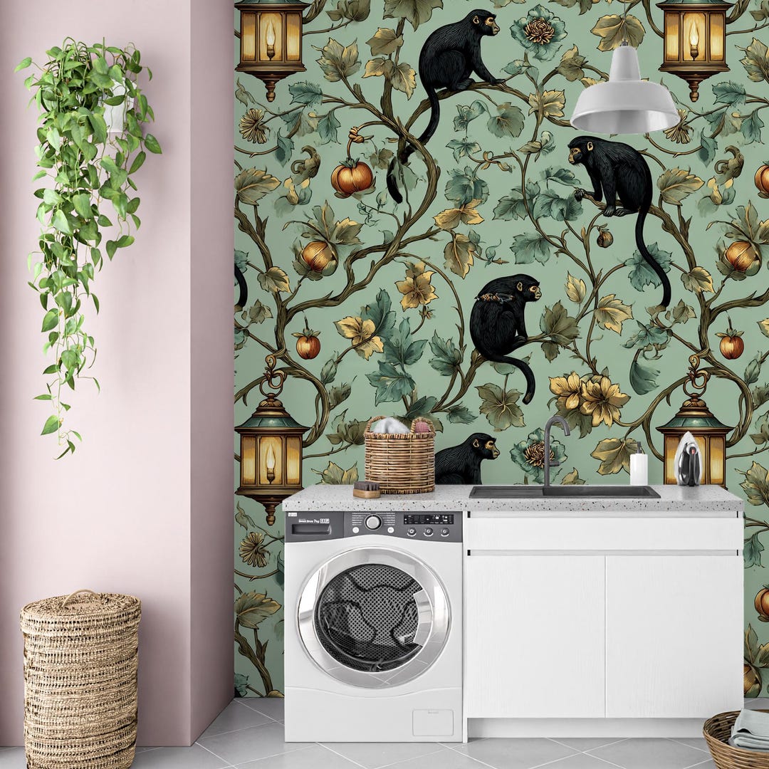 Vintage Jungle Monkey Wallpaper Mural: Botanical Green Wall Decor ...