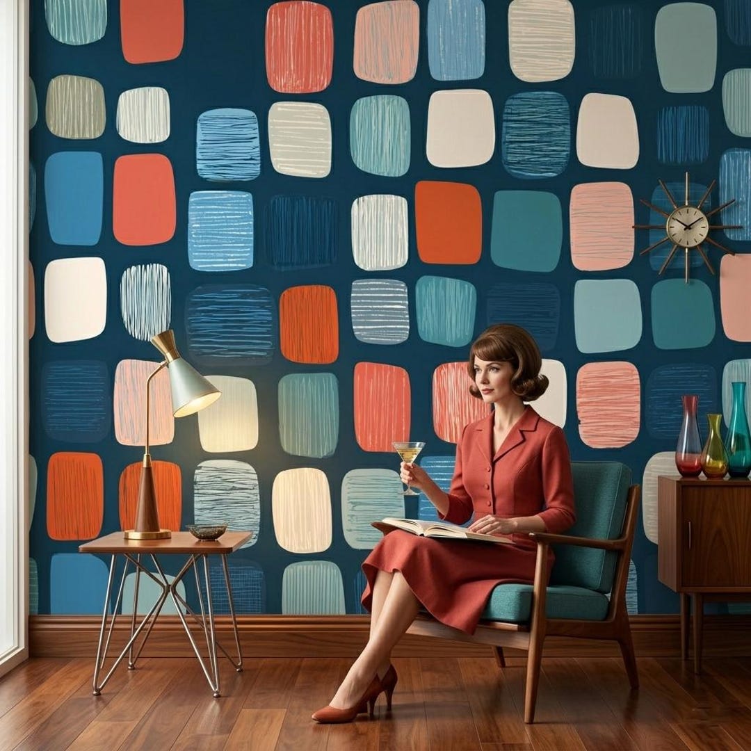 Mid Century Modern Geometric Wallpaper | Retro Squares Wall Mural (peel ...