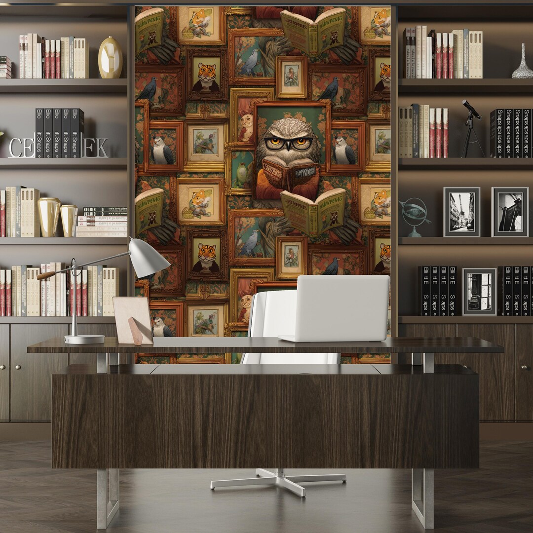 Owl Reading Wallpaper Peel and Stick | Vintage Study Room Mural - Etsy