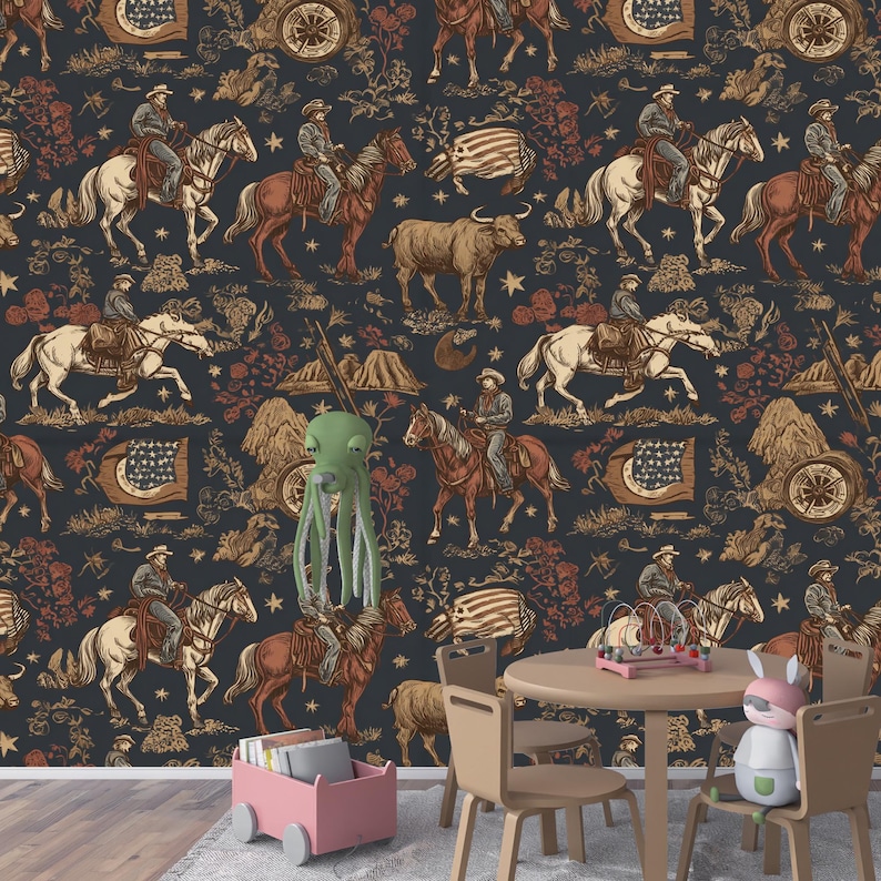 Vintage Western Cowboy Wall Mural: Rustic Rodeo Horses & USA Flag ...