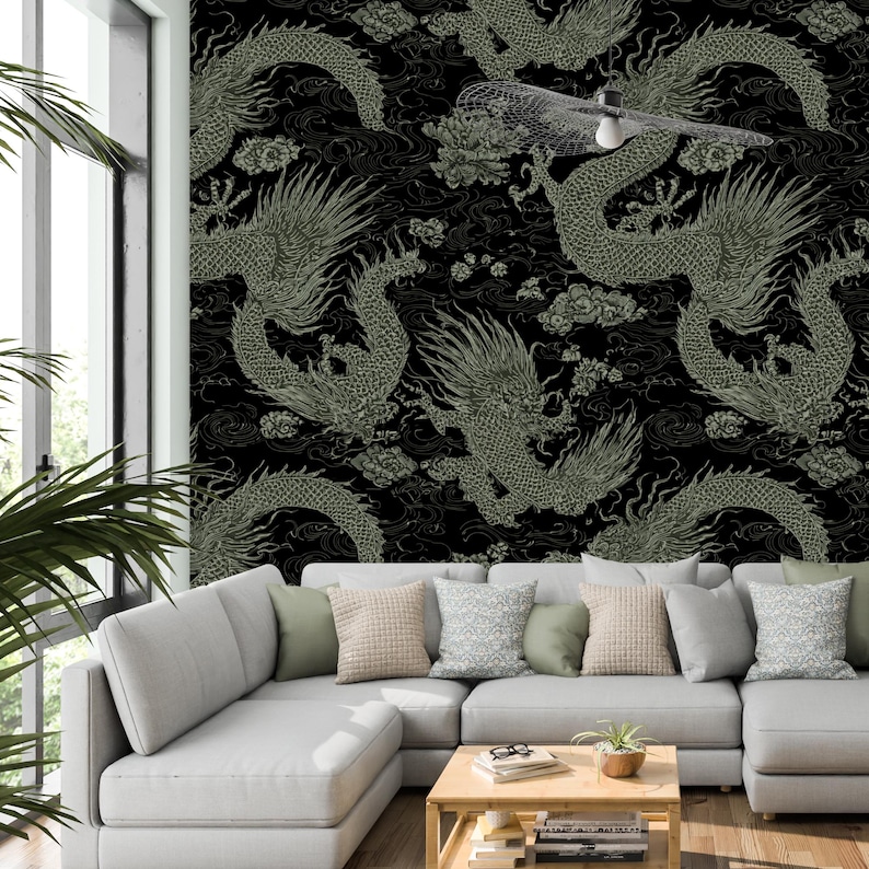 Asian Dragon Wallpaper Mural, Vintage Chinese Dragon Art, Black ...
