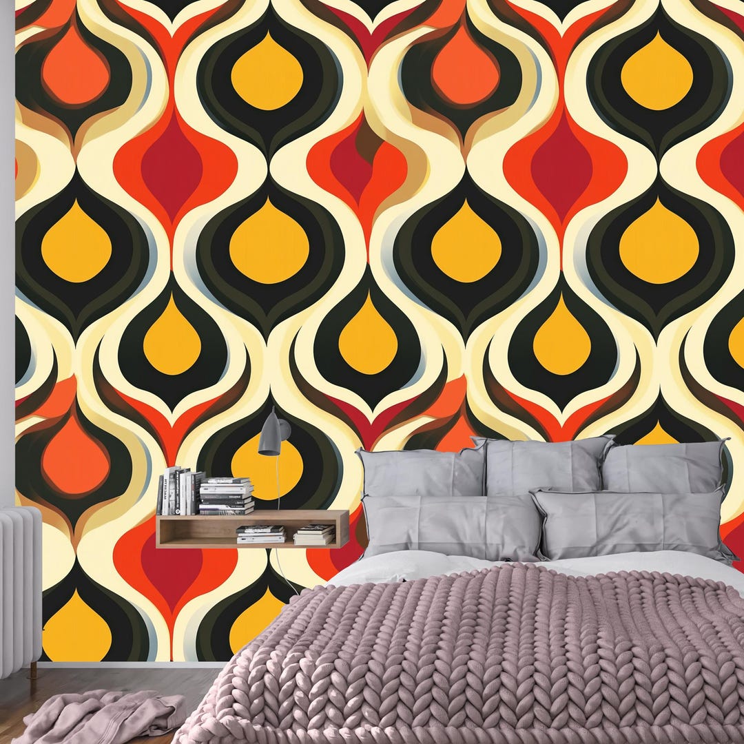 Retro 70s Geometric Teardrop Peel and Stick Canvas Wallpaper - Etsy