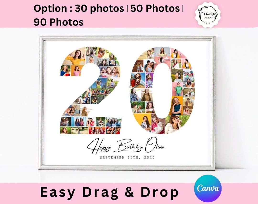 20th Birthday Photo Collage Template, Printable 20th Birthday Gift for ...