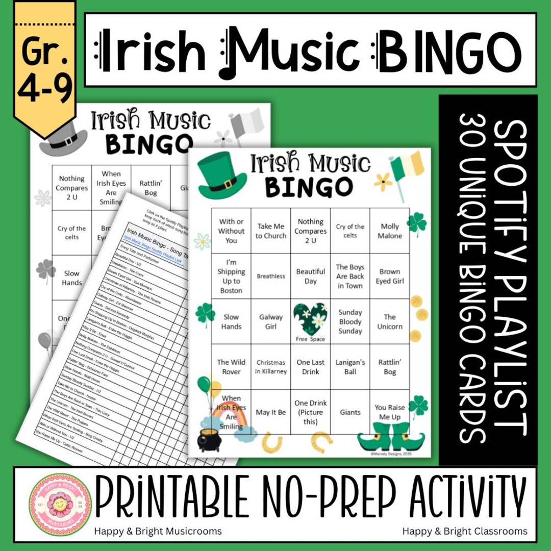 St. Patrick's Day Music Bingo Printable Game for Middle School General ...