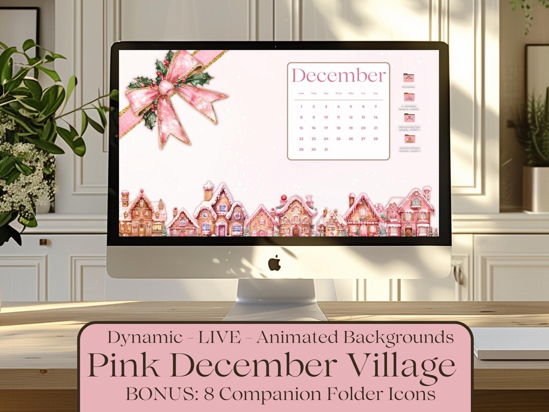 Winter Desktop Wallpaper LIVE Background Pink Village December Calendar ...
