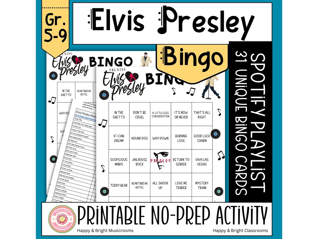Elvis Presley Music Bingo Game | Printable Classroom Activity | Spotify ...