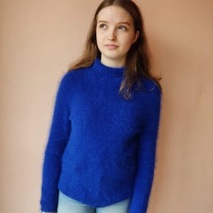 Blue Angora Turtleneck Sweater, Winter Knit Pullover, Long Sleeve Cozy ...