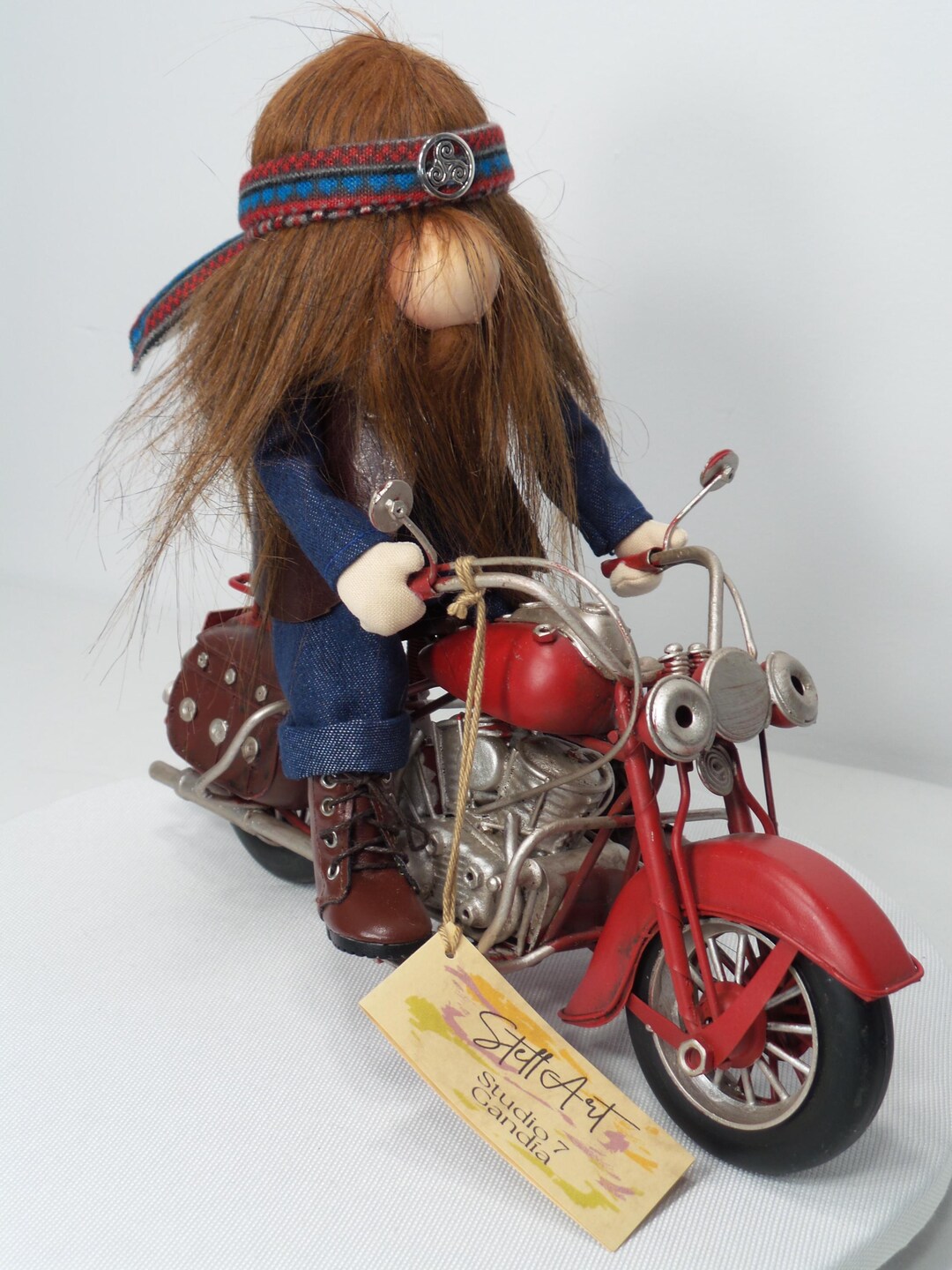 Hippie Biker on Red Vintage Metal Motorcycle - One-of-a-kind Piece ...