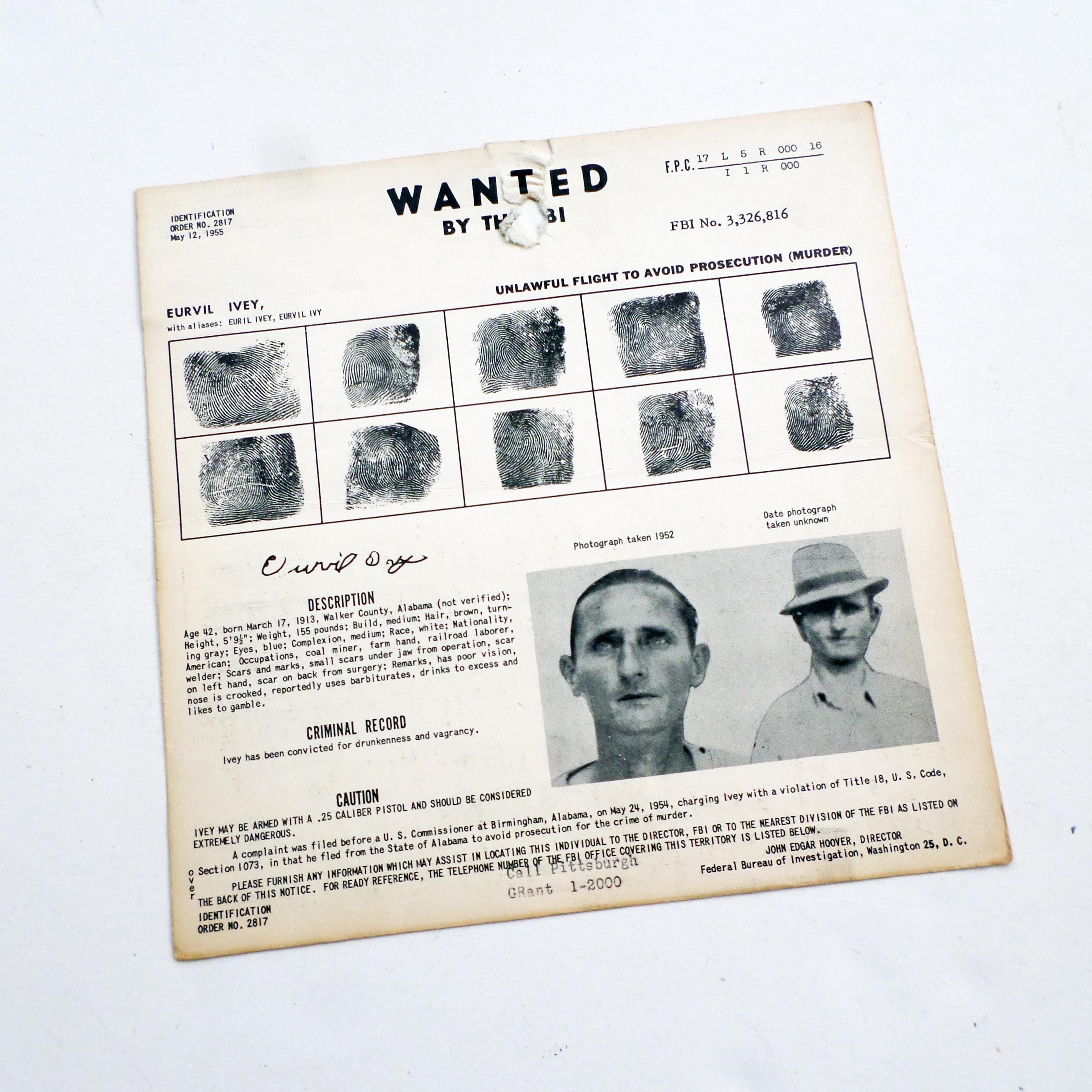 Vintage 1955 Wanted by the FBI Notice, FBI Wanted Poster, Murder True ...
