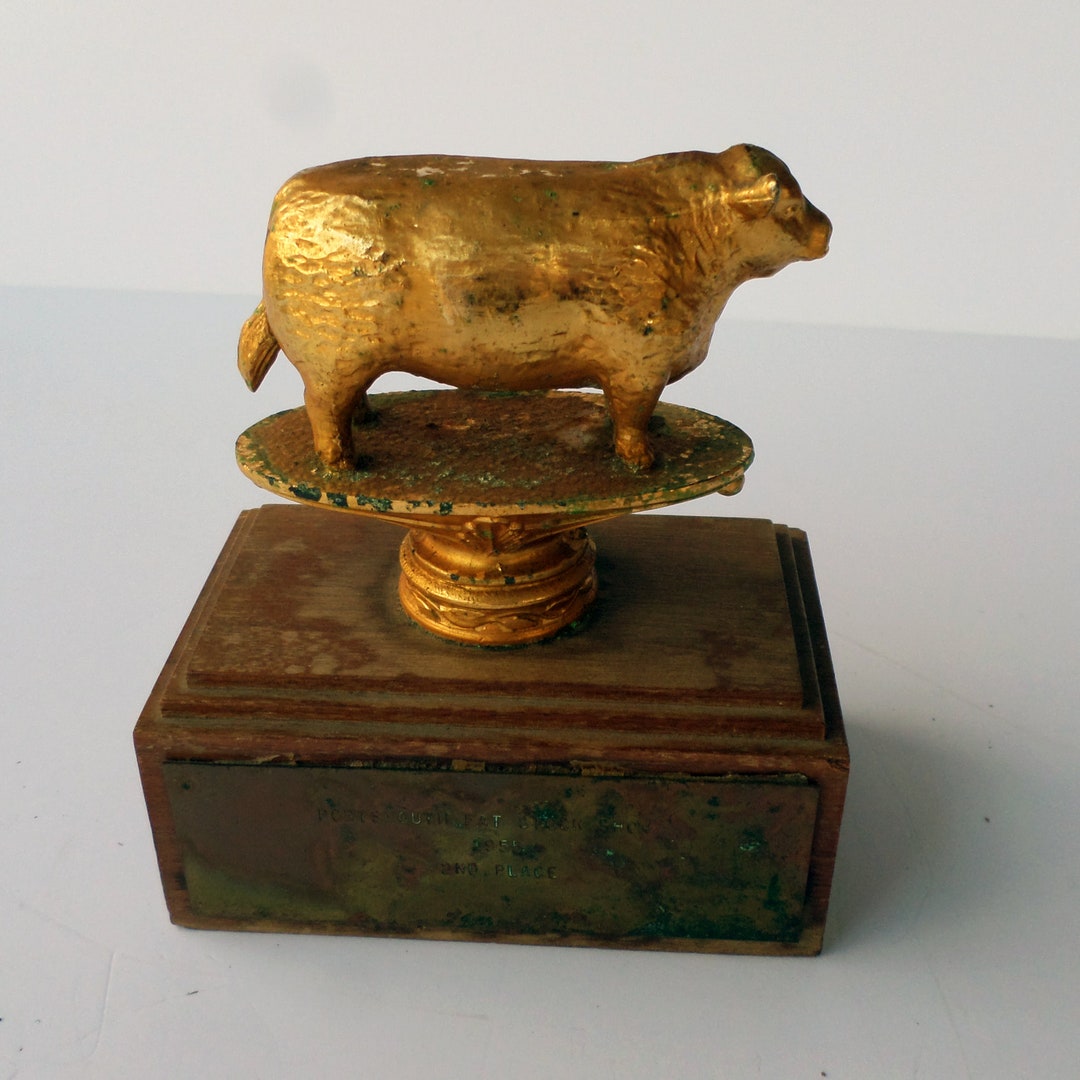 Vintage Gold-toned Cow Trophy on Wood Base, Cow Championship, Cow Decor ...