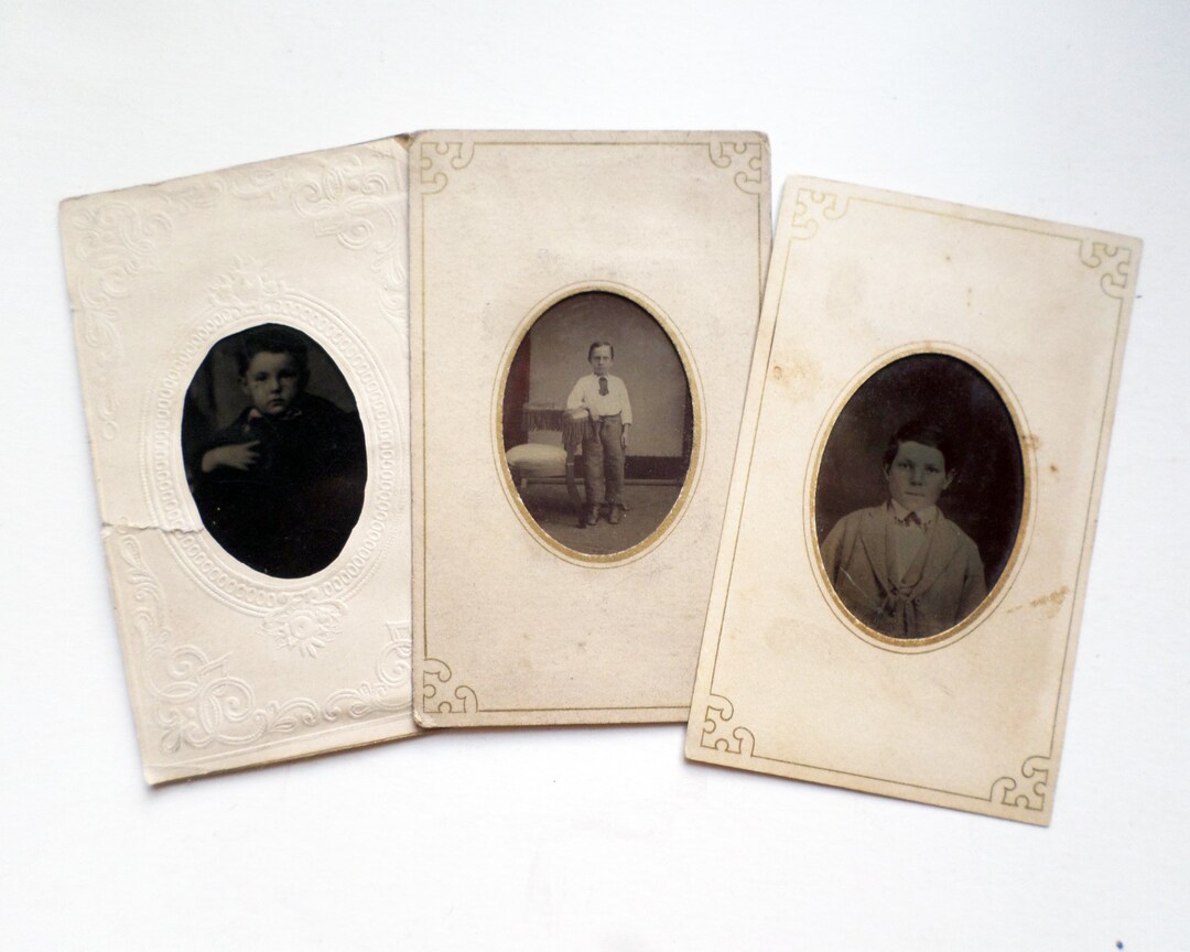 3 Antique Young Boys Tintype Photographs in Embossed Paper Frames, 19th ...